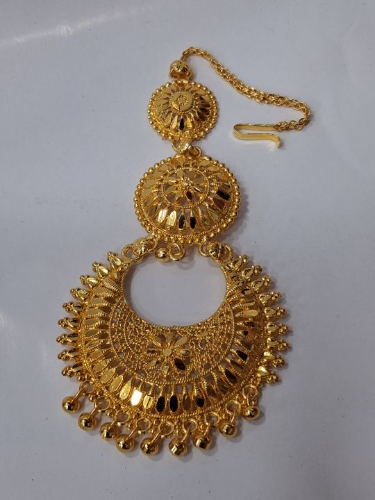 Traditional Gold-Plated Maang Tikka with Filigree Design and Dangling ...