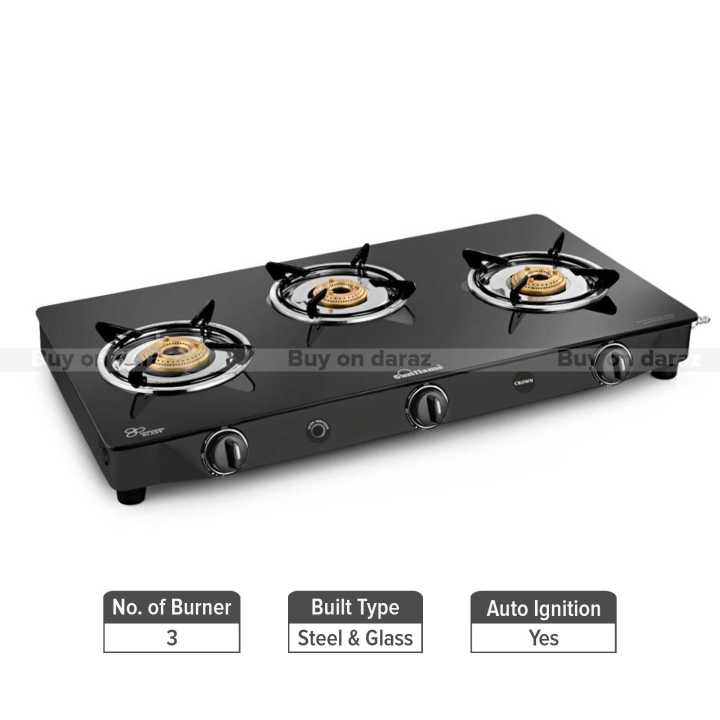 Sunflame 3-Burner Auto-Ignition Glass-Top Gas Stove (Gt 3B Crown Bk Ai ...