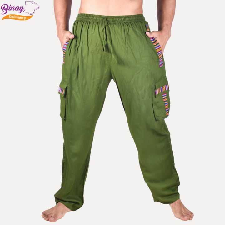 Binay Embroidery Cotton Nepali Bhutani Green Cargo Trouser Pant For Men ...