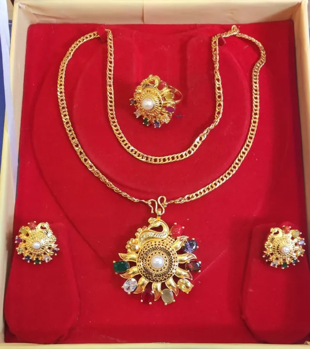Gold Plated Chain With Navratna Stones Embellished Locket For Women 1 ...
