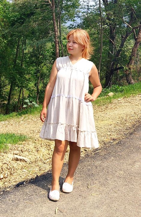 Hemp bamboo white sleeveless knee length ruffle loose skirt | Daraz.com.np