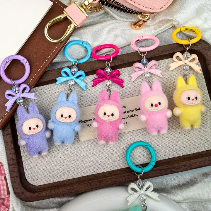 Flocking Labubu Key Chain Doll Charm Phone Pendant Bag Decor Car Key ...