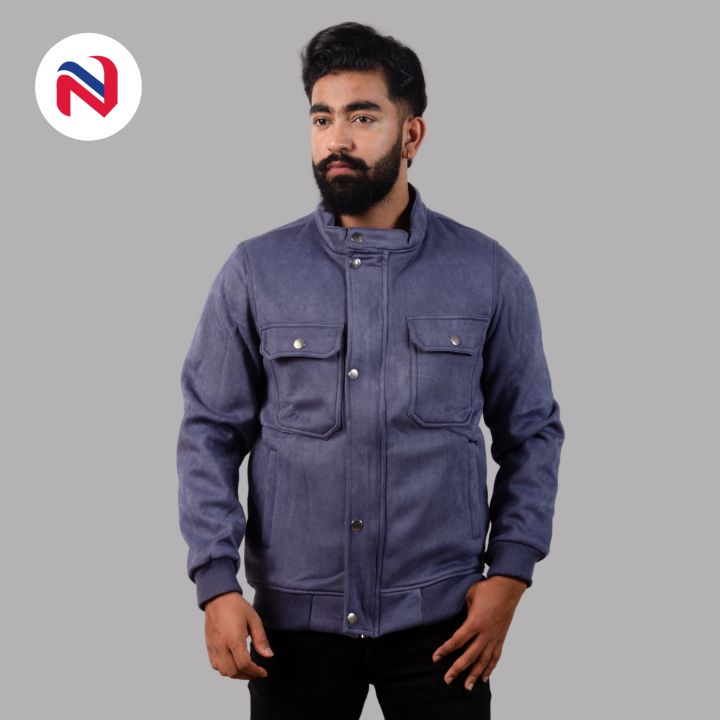 Nyptra Blue Grey Solid Inner Fleece Premium Box Jacket For Men ...
