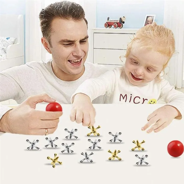 11pcs/set Big Jacks Toned Metal Jacks Puzzle with Red Rubber Bouncy ...