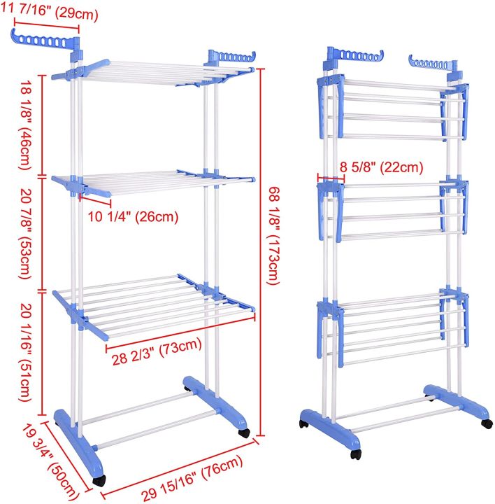 Folding 3 Tier Clothes Drying Rack Rolling Collapsible Garment Laundry ...