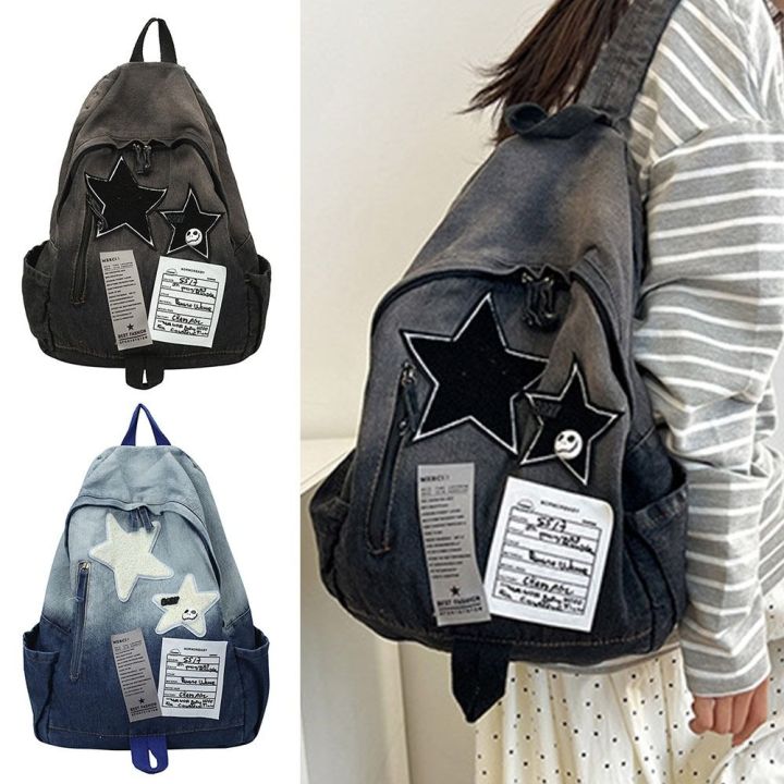 Fashion Large Capacity Denim Star Backpack Y2K Star Pattern School ...