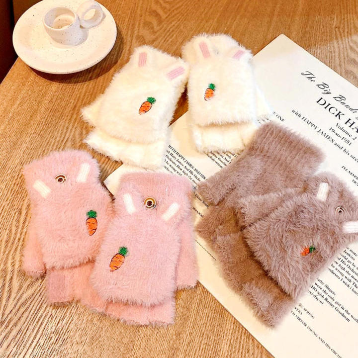 Knitted material Rabbit gloves Warm Rabbit ears Carrot pattern Half ...
