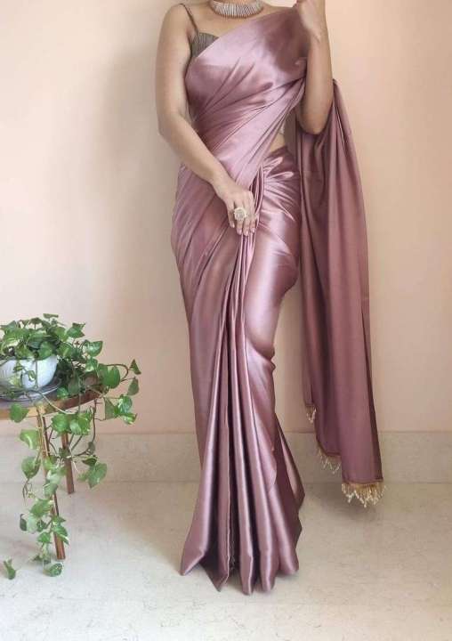 Awafu Solid Plain Satin Silk Blend Saree With Blouse | Daraz.com.np