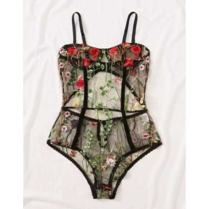 Masala Cottage -Floral Embroidered Sheer Teddy Bodysuit | Daraz.com.np