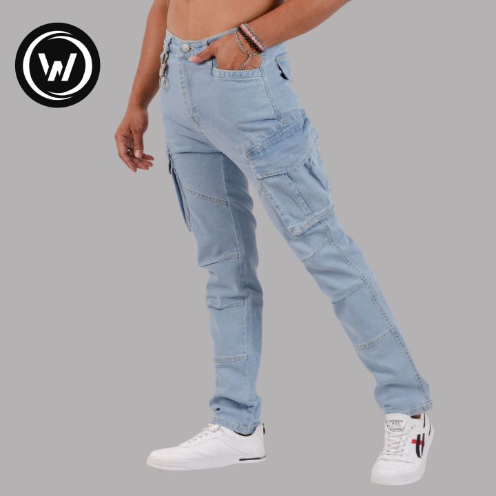 Wraon Light Blue Stretchable Premium Fancy Denim Cargo Box Pant For Men ...