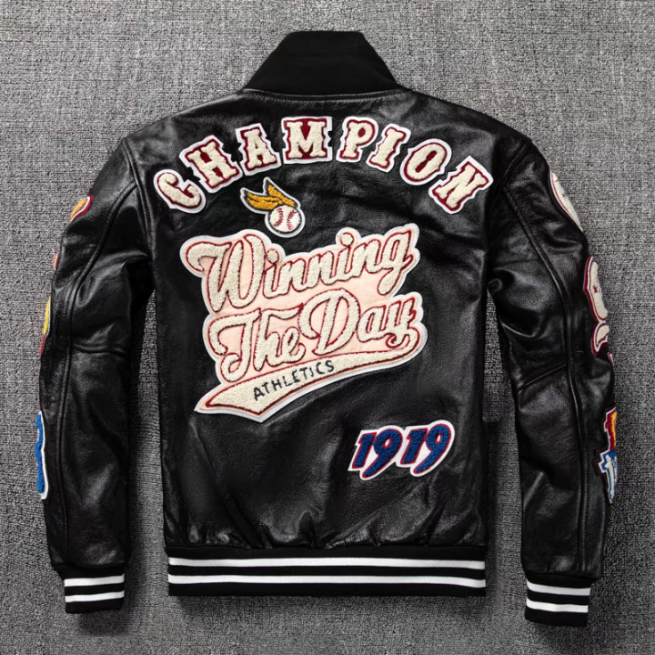 KEEZA Stylish Varsity Black Leather Baseball Jacket with Bold Retro ...