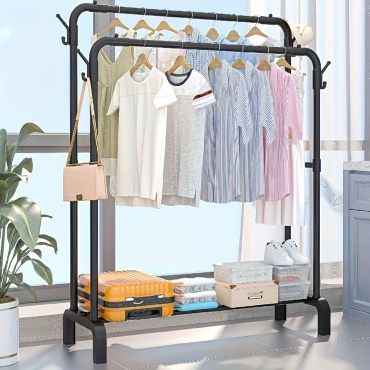 Moveable Double Pole Stainless Steel Hanger Clothes Stand Rack - Black ...