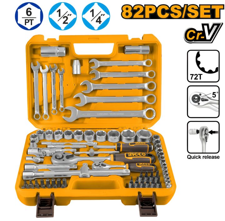 INGCO 82 Pieces 1/2" & 1/4" Socket Ratchet Set Industrial HKTS42802 ...