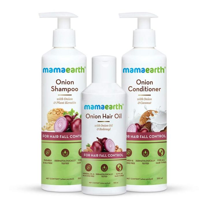 Mamaearth Anti Hair Fall Combo Onion Shampoo 250 ml + Onion Conditioner 250 ml + Onion Hair Oil ...