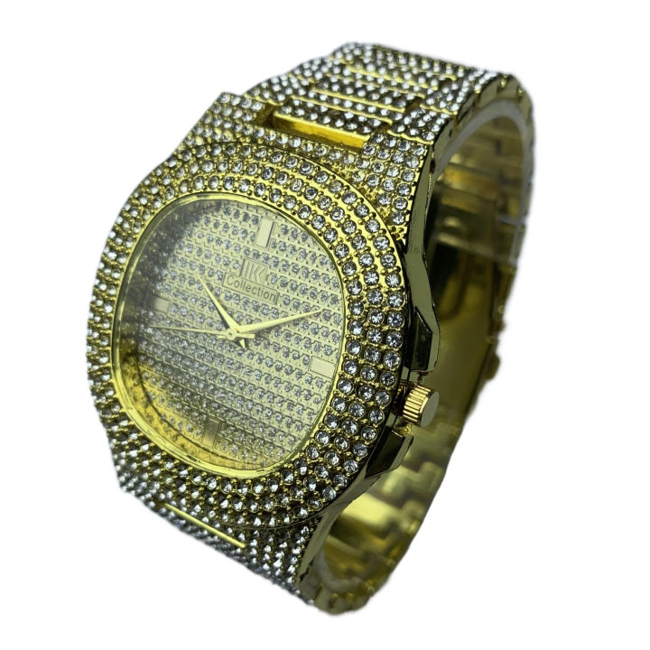 Round Gold Dial Stainless Steel Gold Iced Watch For Women- Time Plaza ...