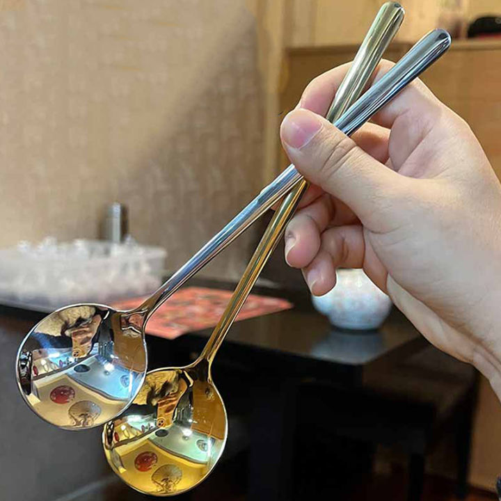 Stainless Steel Big Head Round Spoon Net Red Golden Dinner Long Handle ...