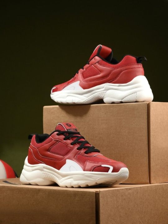 HRX by Hrithik Roshan Red Textured Lace-Up Chunky Sneakers For Women ...