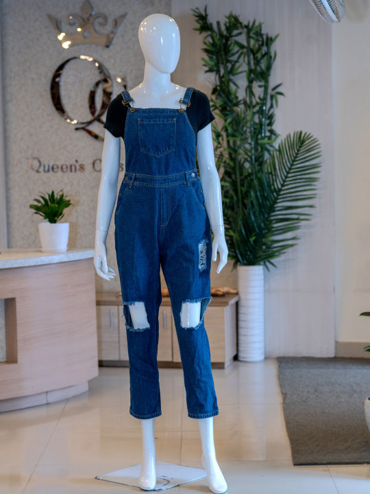 Denim Dungaree With Front Pocket And Distress Design At The Knee ...