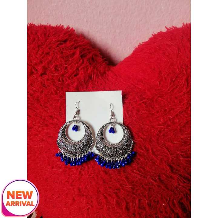 Drop Earring Of Silver Oxidized Metal With Pinjada Style Handmade ...