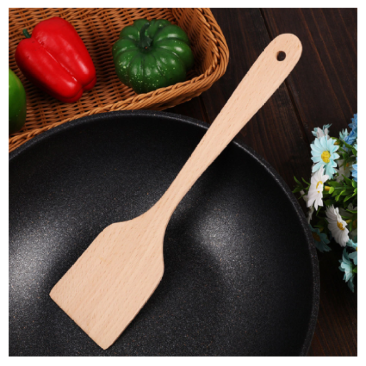 Natural Wooden Long Handled Non Sticky Flat Cooking Spoon Healthy ...