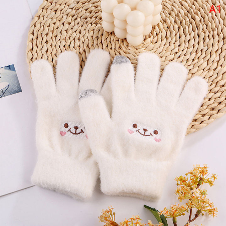 1Pair Winter Warm Plush Gloves Cute Student Japanese Girl Smile Knitted ...