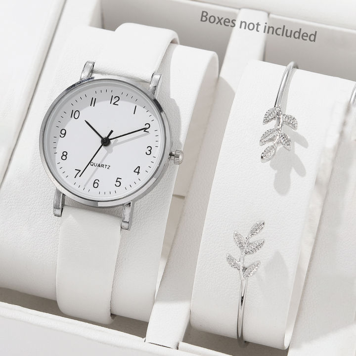 Simple Women's Watches 2Pcs Set White Dial Leather Strap Quartz ...