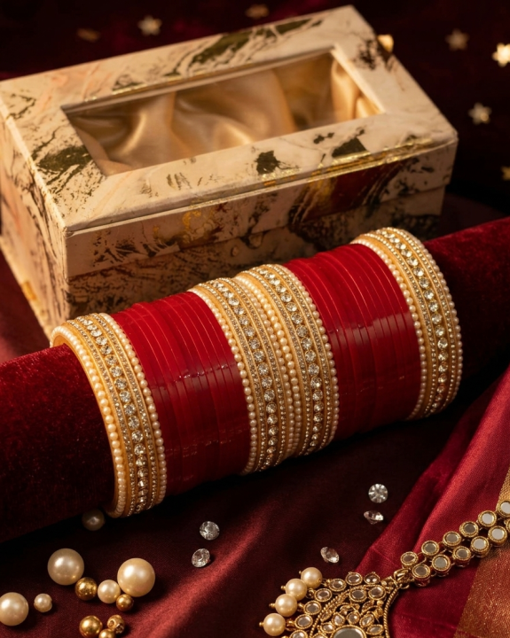 BBR Original Punjabi Bridal Chura Set | Red & White Wedding Bangles ...