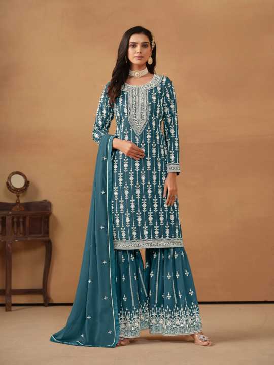 Elegant Faux Georgette Sharara Set By Sapnaaz Fashion - Light Blue ...