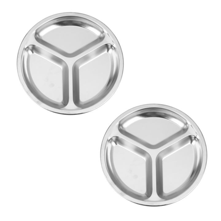 2X Stainless Steel 3 Sections Round Divided Dish Snack Dinner Plate ...