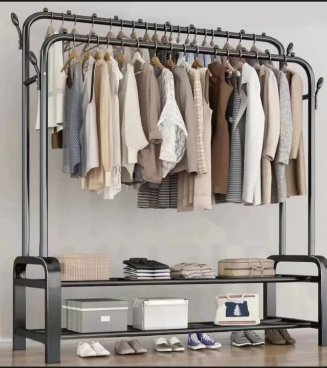 Lukzer Multipurpose Double Garment Rack Heavy Duty Cloth Rail with 2 ...
