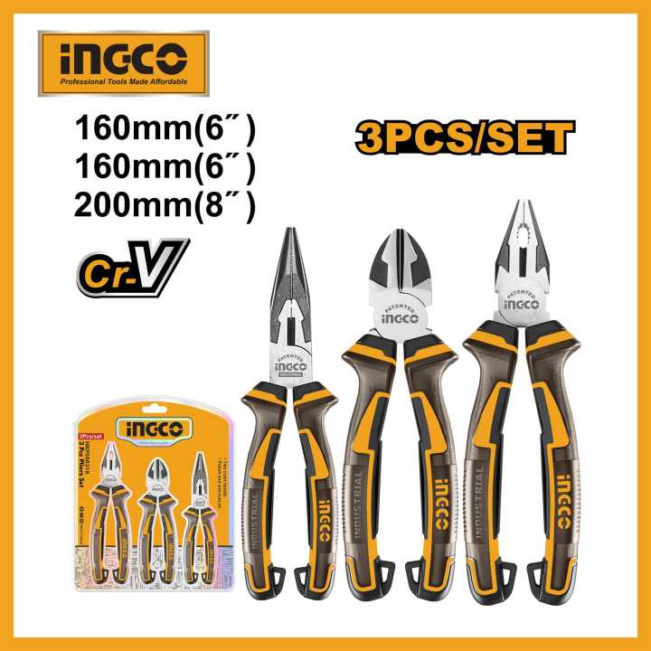 INGCO 3Pcs Pliers Set Combination/Long Nose/Diagonal Cutting Pliers Cr-V Black Finish and Polish ...
