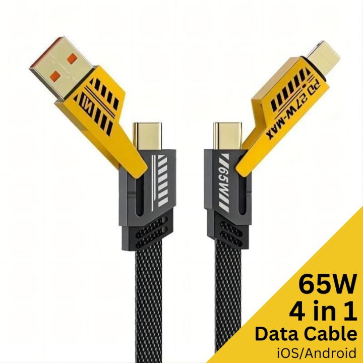 4 in 1 Fast Charging Data Cable 65Watt Powerful | Flat Braided Nylon ...