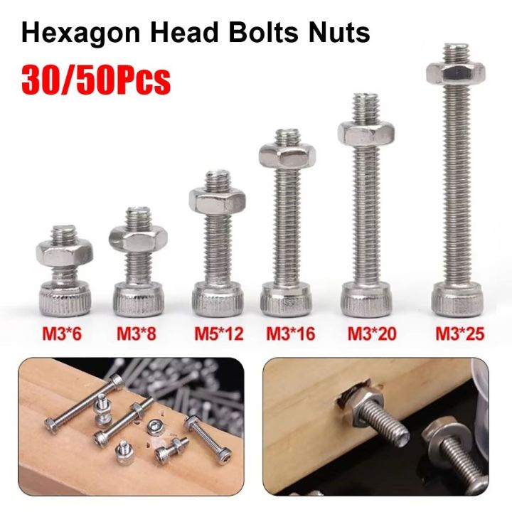 30/50Pcs New 304 Stainless Steel Hexagon Bolts Nuts Hex Flat Head Mini ...