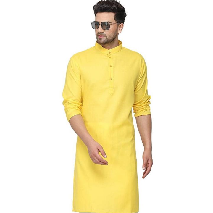 Yellow Solid Pure Cotton Traditional Kurta For Pooja Brataband Marriage ...