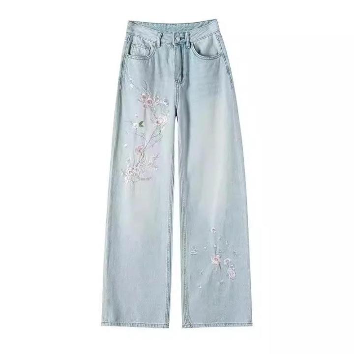 New Chinese Style Embroidery Wide Leg Jeans Women's 2024 New Design ...