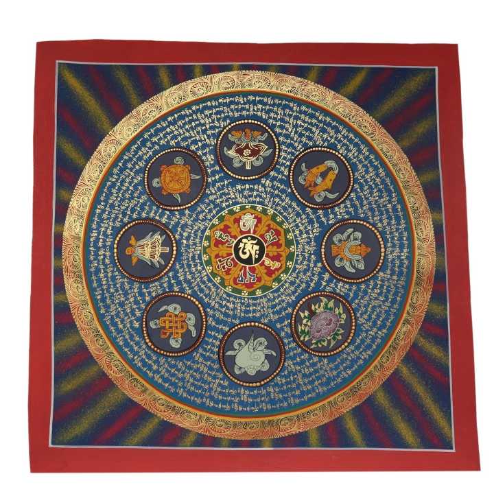 Blue/Red/Green Asta Mangal Mantra Mandala Printed Golden Coated Thanka ...