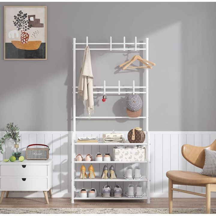2-In-1 Coat Rack Stand With 8 Hooks And 4 Layer Shoe Shelves 60Cm Wide ...
