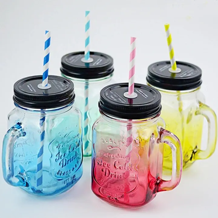 2pcs Straw Glass Jar Portable Creative Drink Cup Jar Cup with Straw Lid ...