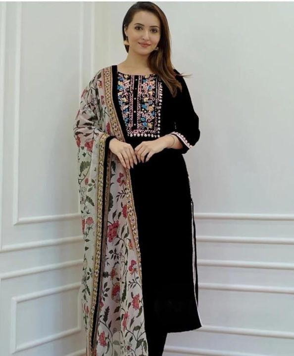 Fabdale Printed Black Viscose Rayon Straight Salwar Suit with Dupatta ...