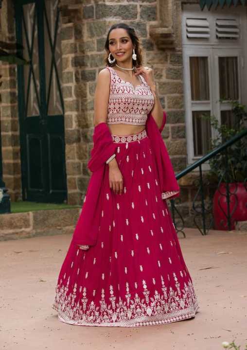 Fabdale Embroidered Georgette A-Line Lehenga Choli with Dupatta ...