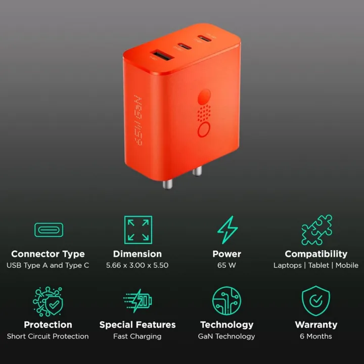 CMF Gan 65W 3 Port (Orange) USB Type C Wall Charger Adapter For Nothing ...