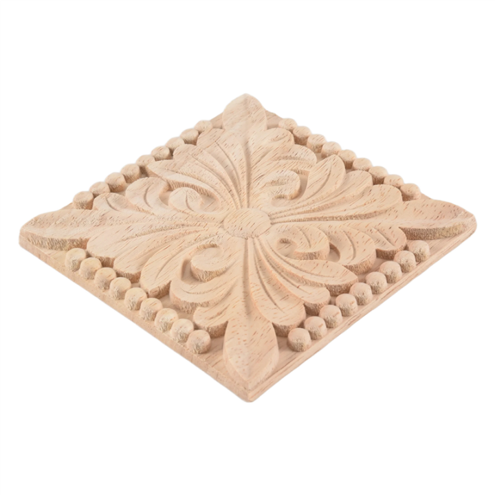 Natural Wood Appliques Square Flower Carving Decals Decorative Wooden ...