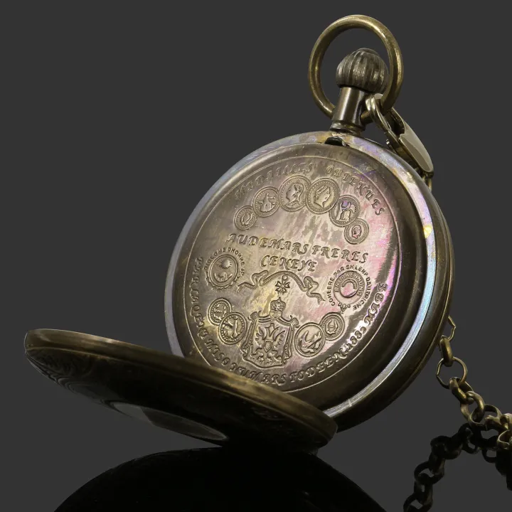 Vintage Men's Flywheel Moon Phase Real Copper Mechanical Pocket Watch ...