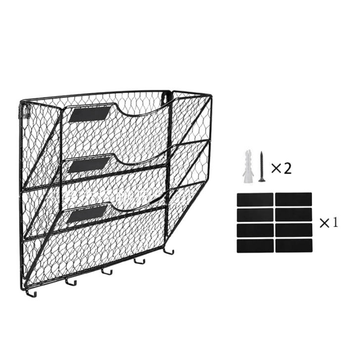 3 Tier Metal Mesh Hanging Mail Rack with Hooks Letter Document Magazine ...