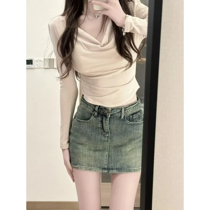 Classic High Waist Mini Skirt A-Line Retro Jean Skirt Casual Slim Fit ...