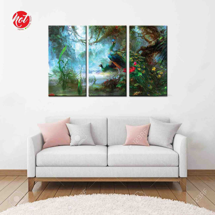 Peacock Painting Print 3 Panel | Real Canvas Cotton Print | Comes With ...