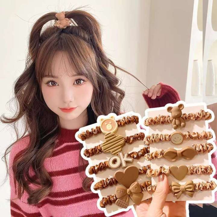 Milk Tea Color 5-Piece Set Childrens Ties Large Scrunchies Girls High ...