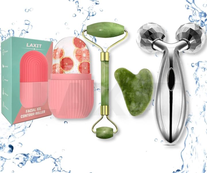 Face Stone Jade Roller Massager with Gua Sha Tool, Ice Roller and 3D ...