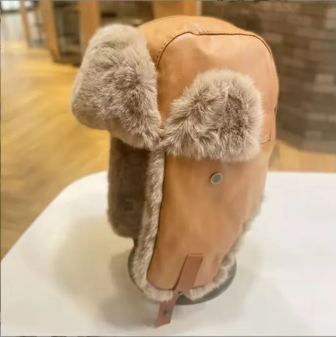 Winter Warm PU Leather Hat Men's and women's Plush Thickened Lei feng ...