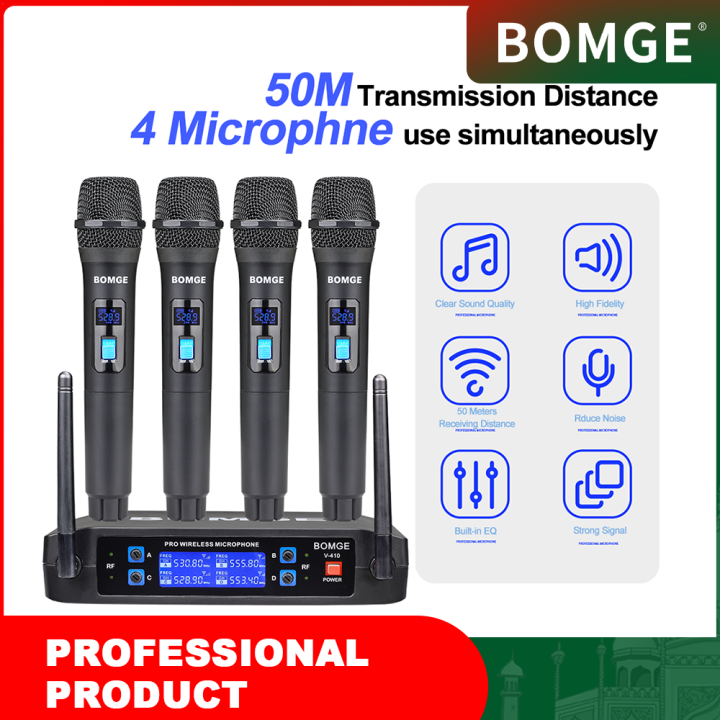 Wireless Microphone System, BOMGE Pro 4-Channel Cordless Mic Set With Four Handheld Mics, Fixed ...